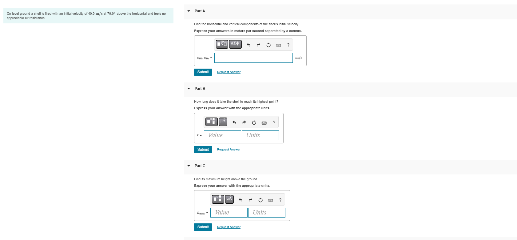 Solved On level ground a shell is fired with an initial | Chegg.com