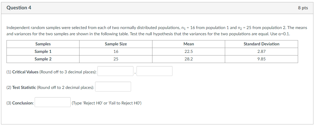 Solved Question 4 8 pts Independent random samples were | Chegg.com