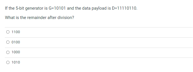 Solved If the 5-bit generator is G=10101 and the data | Chegg.com