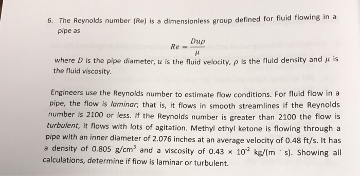 Solved The Reynolds number (Re) is a dimensionless group | Chegg.com
