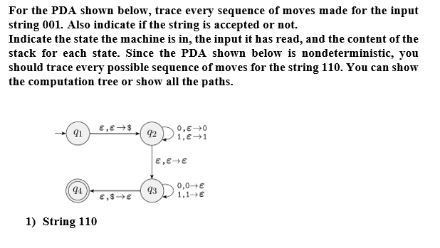 Solved For the PDA shown below, trace every sequence of | Chegg.com