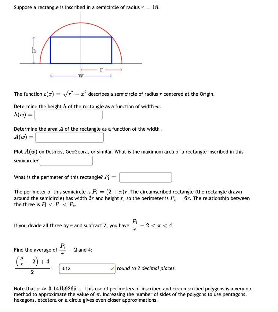 Solved Suppose a rectangle is inscribed in a semicircle of | Chegg.com