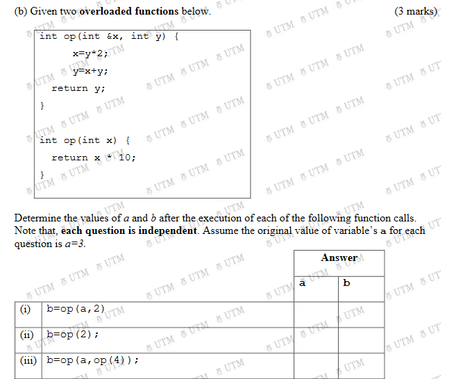 Solved (b) Given two overloaded functions low (3 marks) UTM | Chegg.com