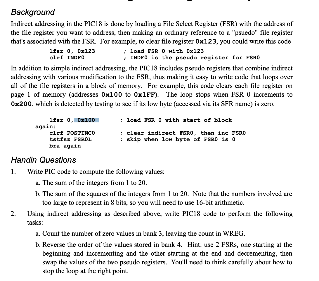 pic 18f assembly language, indirect | Chegg.com