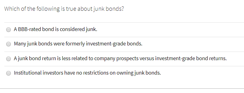 Solved Which of the following is true about junk bonds? A | Chegg.com