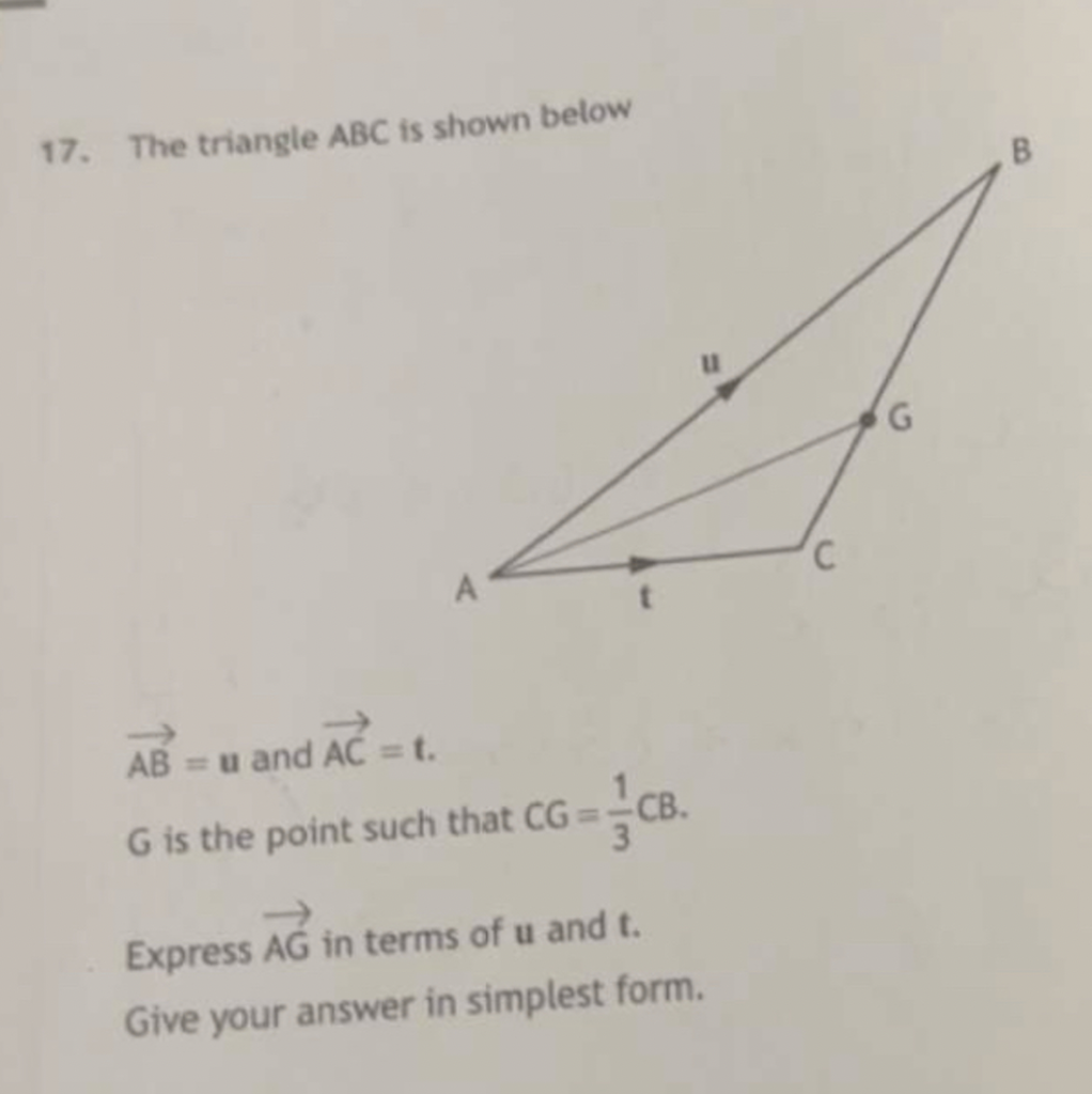 Solved 17. The triangle ABC AB=u and AC=t G is the point | Chegg.com