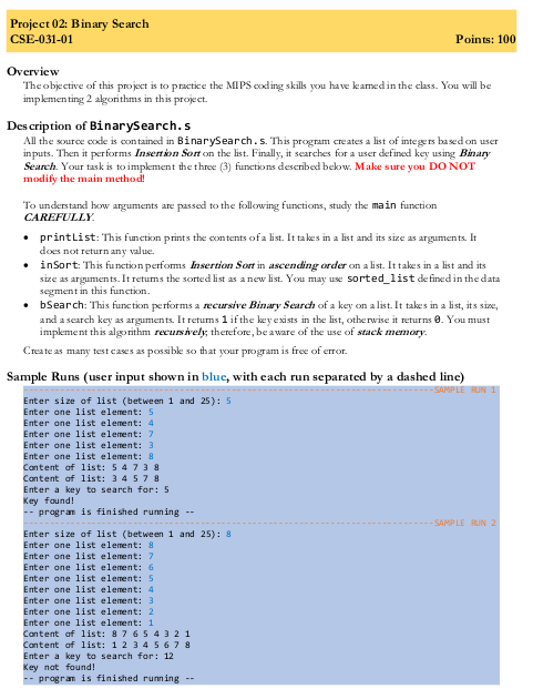 Solved Project 02: Binary Search CSE-031-01 Points: 100 a | Chegg.com
