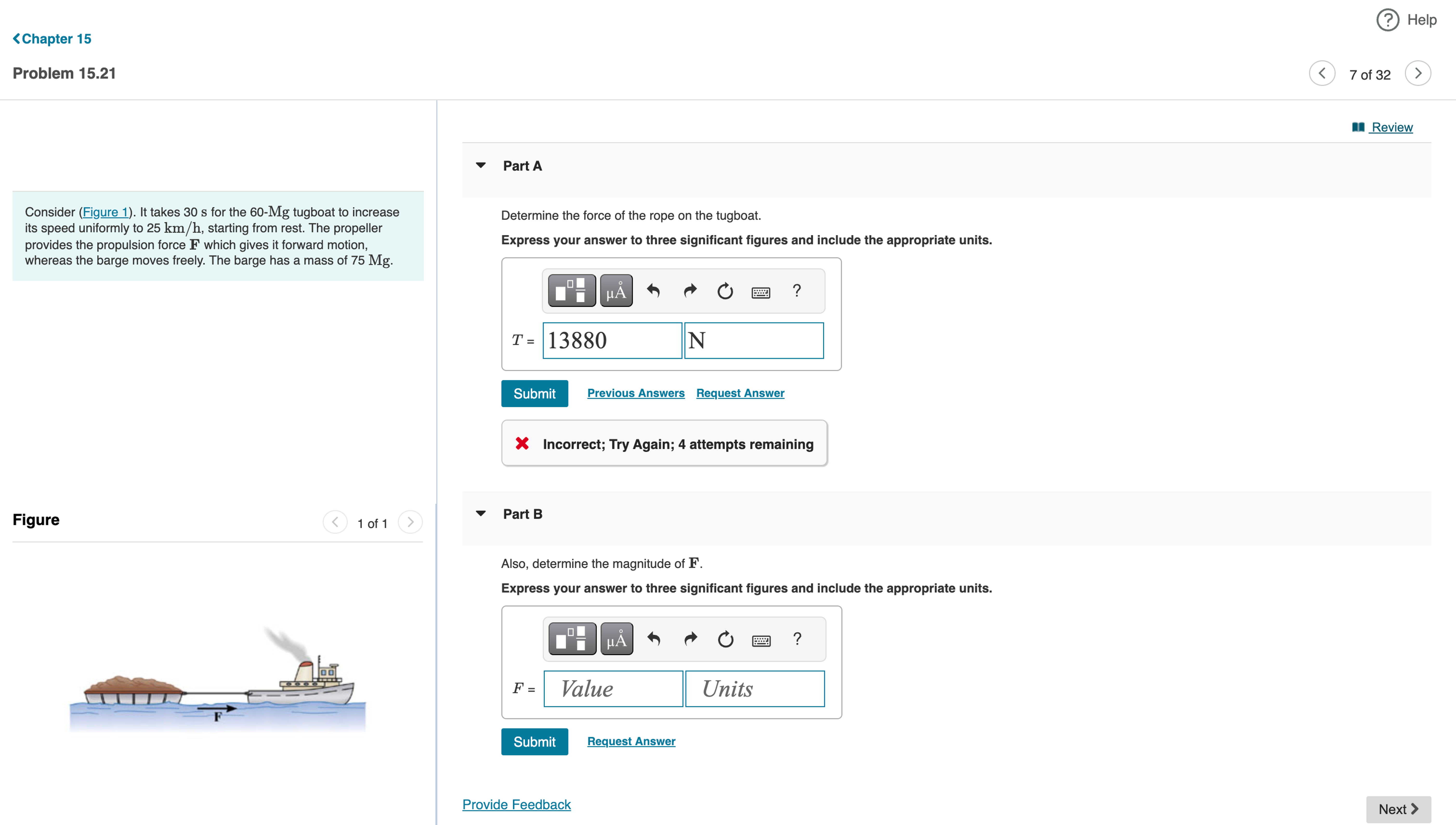 Solved 60-Mg25kmhF75MgT=,NFF=30s ﻿for the 60-Mg ﻿tugboat to | Chegg.com