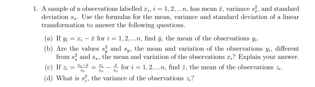 Solved 1. A sample of n observations labelled xi, i = | Chegg.com