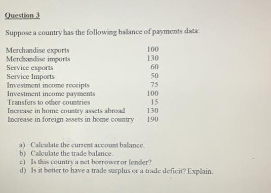 Solved Question 3 Suppose a country has the following | Chegg.com