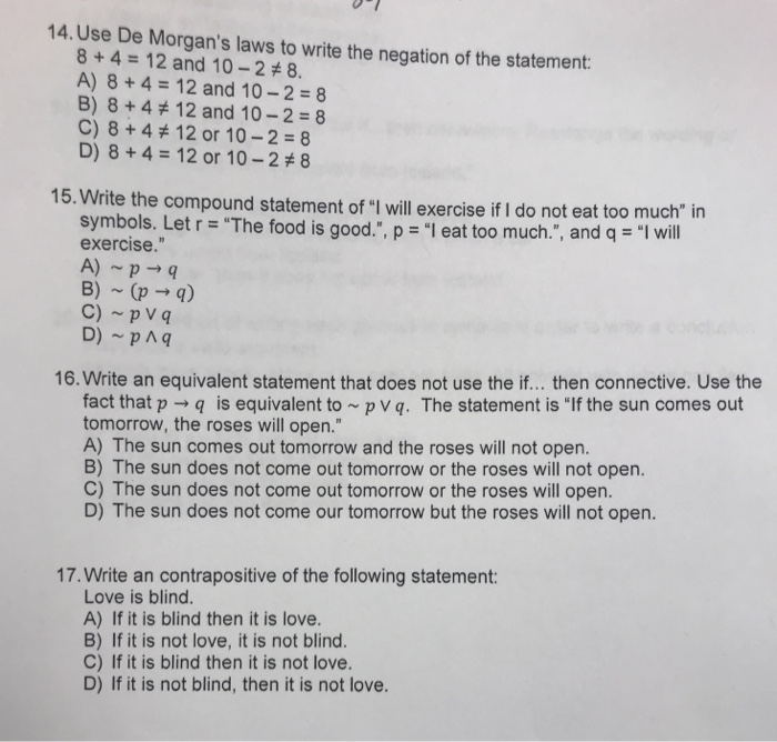 Solved 14. Use De Morgan's laws to write the negation of the | Chegg.com