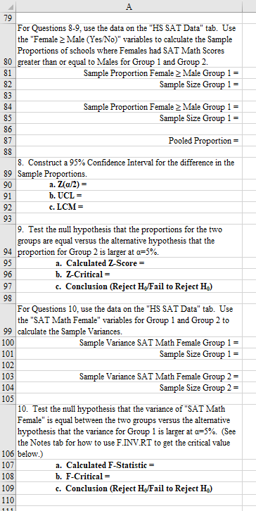 Solved For Questions 8-9, use the data on the "HS SAT Data" | Chegg.com