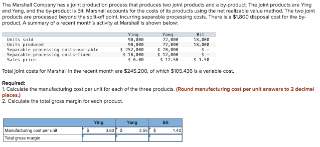 Solved The Marshall Company has a joint production process | Chegg.com