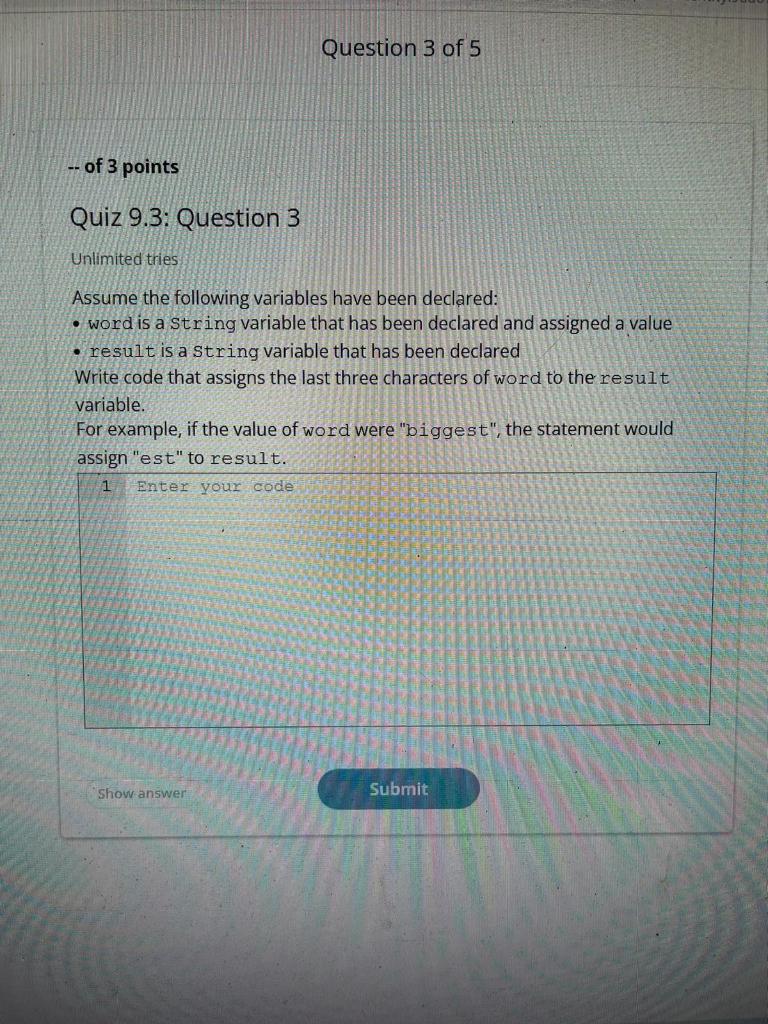 Solved Question 3 of 5 -- of 3 points Quiz 9.3: Question 3 | Chegg.com