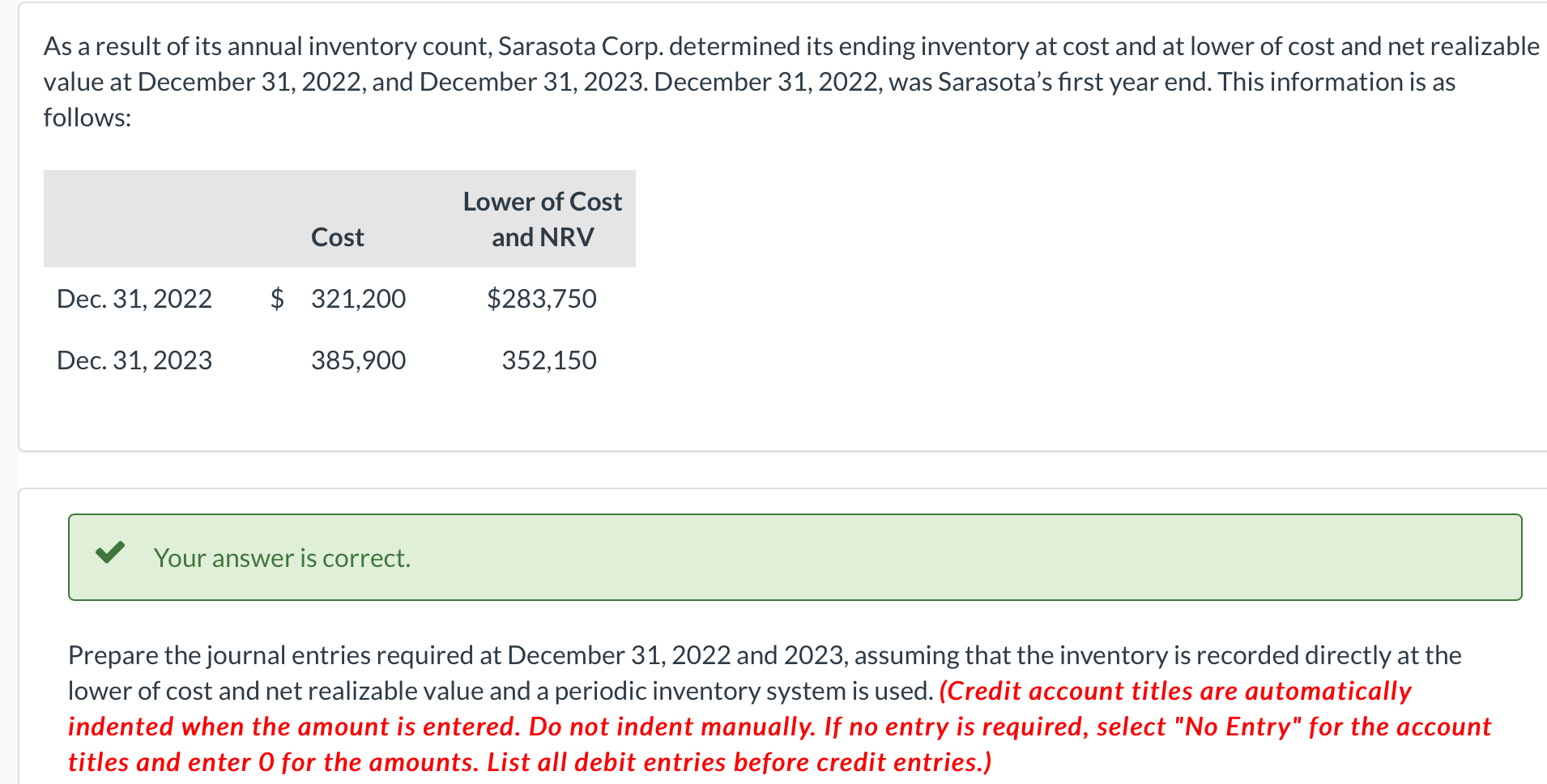 Solved As a result of its annual inventory count, Sarasota | Chegg.com
