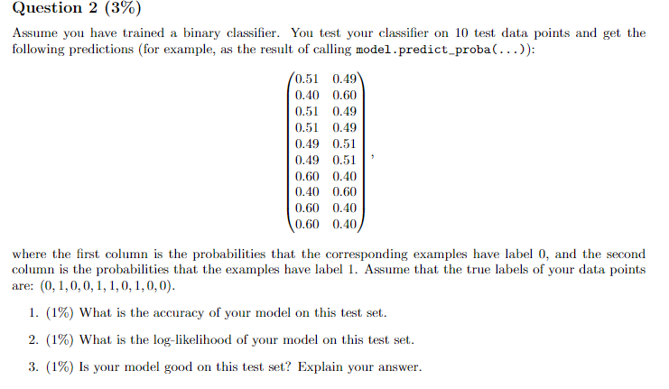 Solved Question 2 (3%) Assume you have trained a binary | Chegg.com