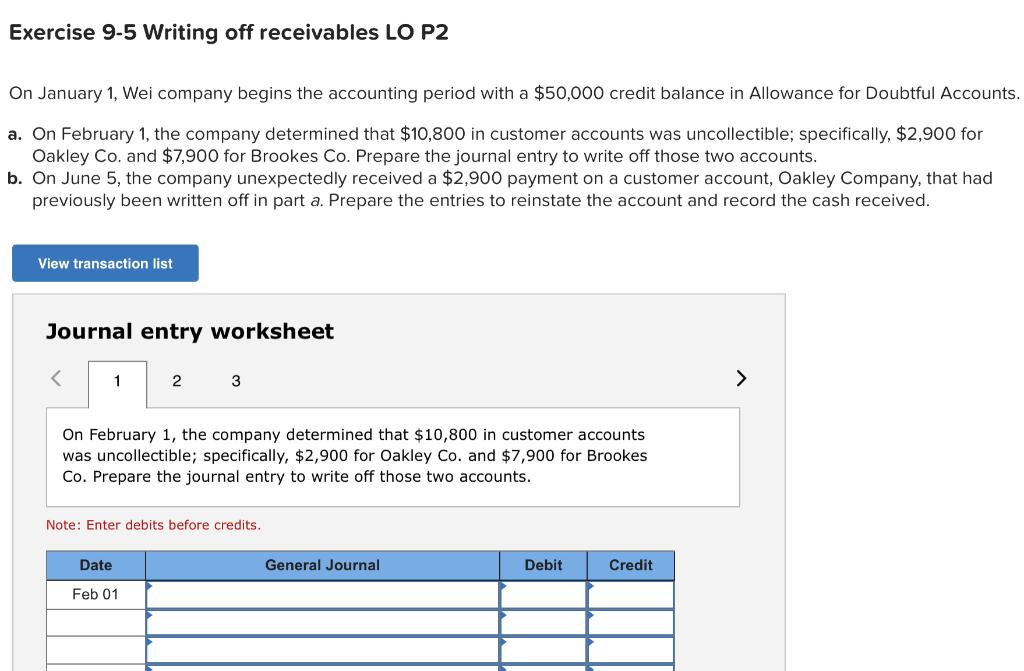 Solved Exercise 9-5 Writing off receivables LO P2 On January | Chegg.com