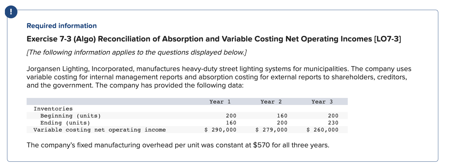 Solved Required information Exercise 7-3 (Algo) | Chegg.com