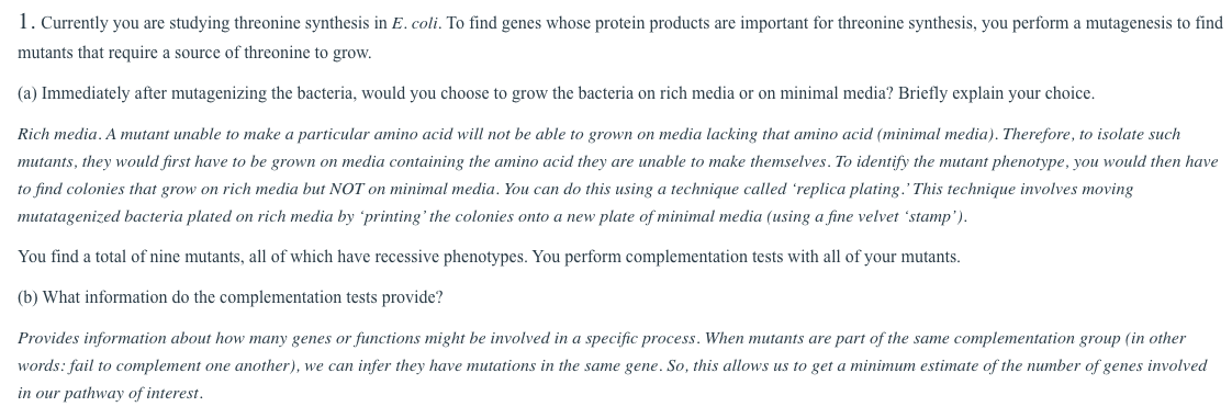 Solved 1. Currently you are studying threonine synthesis in | Chegg.com