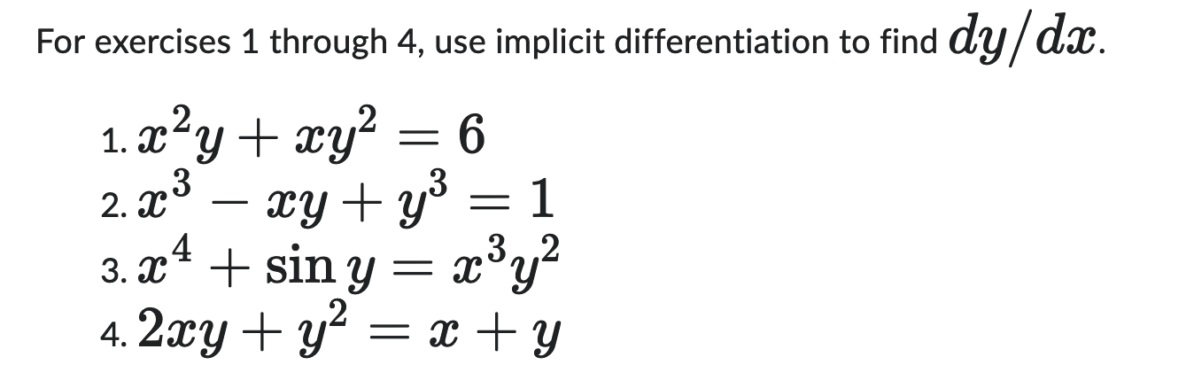 Solved For exercises 1 through 4 , use implicit | Chegg.com