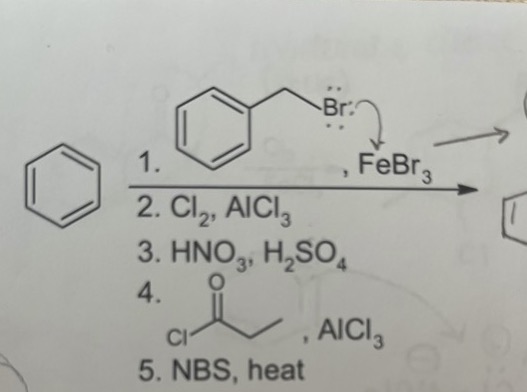 Solved 1. 2. Cl2,AlCl3 3. HNO3,H2SO4 4. 5. NBS, heat | Chegg.com