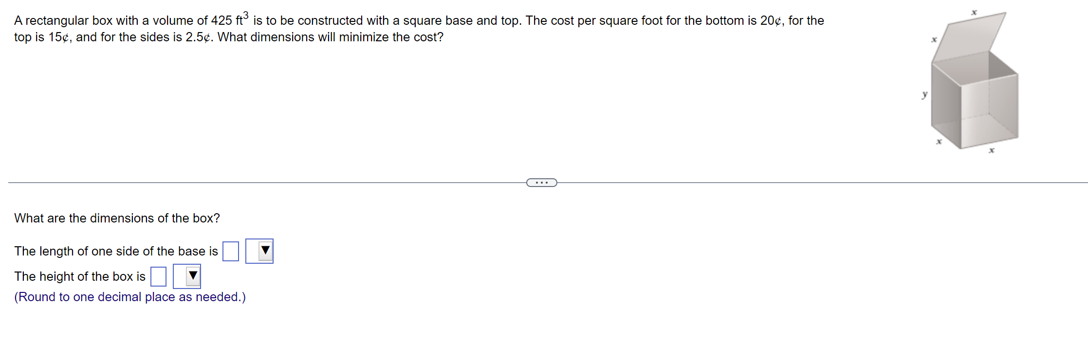 Solved A rectangular box with a volume of 425ft3 is to be | Chegg.com
