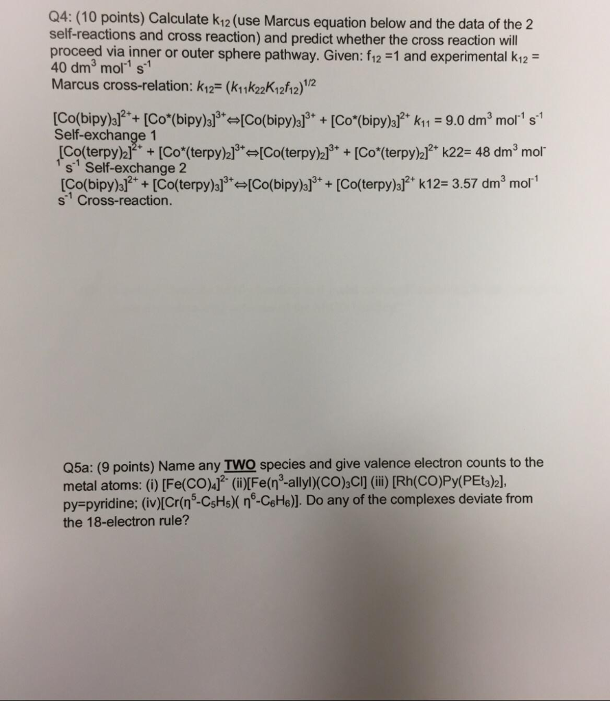 Q4: (10 points) Calculate k12 (use Marcus equation | Chegg.com