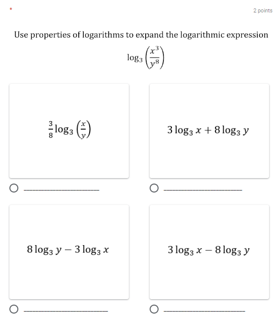 Solved 2 points Use properties of logarithms to expand the | Chegg.com