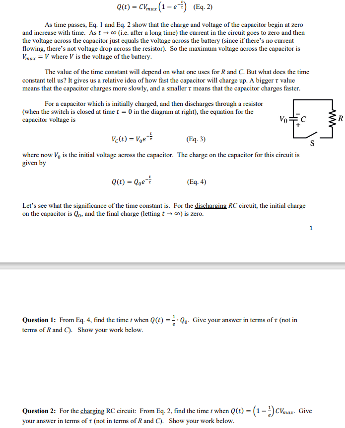 Solved For the charging RC circuit: From Eq. 2, find the | Chegg.com