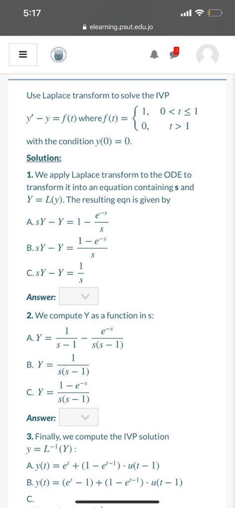 Solved 5:17 elearning.psut.edu.jo Use Laplace transform to | Chegg.com