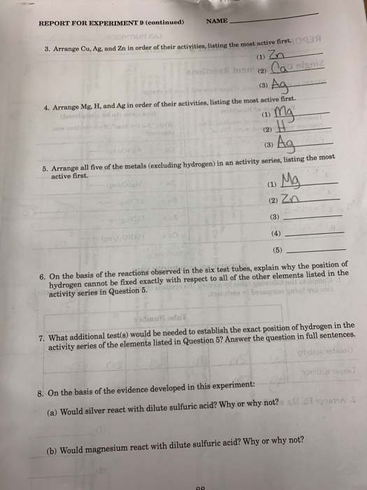 Solved REPORT FOR EXPERIMENT 9 (continued) NAME 3. Arrange | Chegg.com