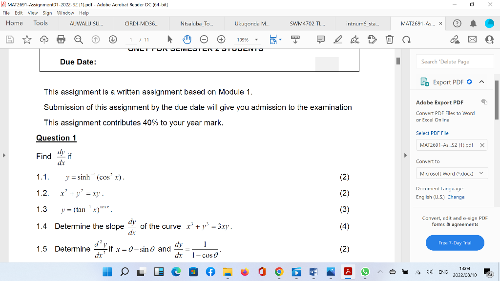 Solved A) MAT2691-Assignment01-2022-52 \{1).pdt - Adobe | Chegg.com