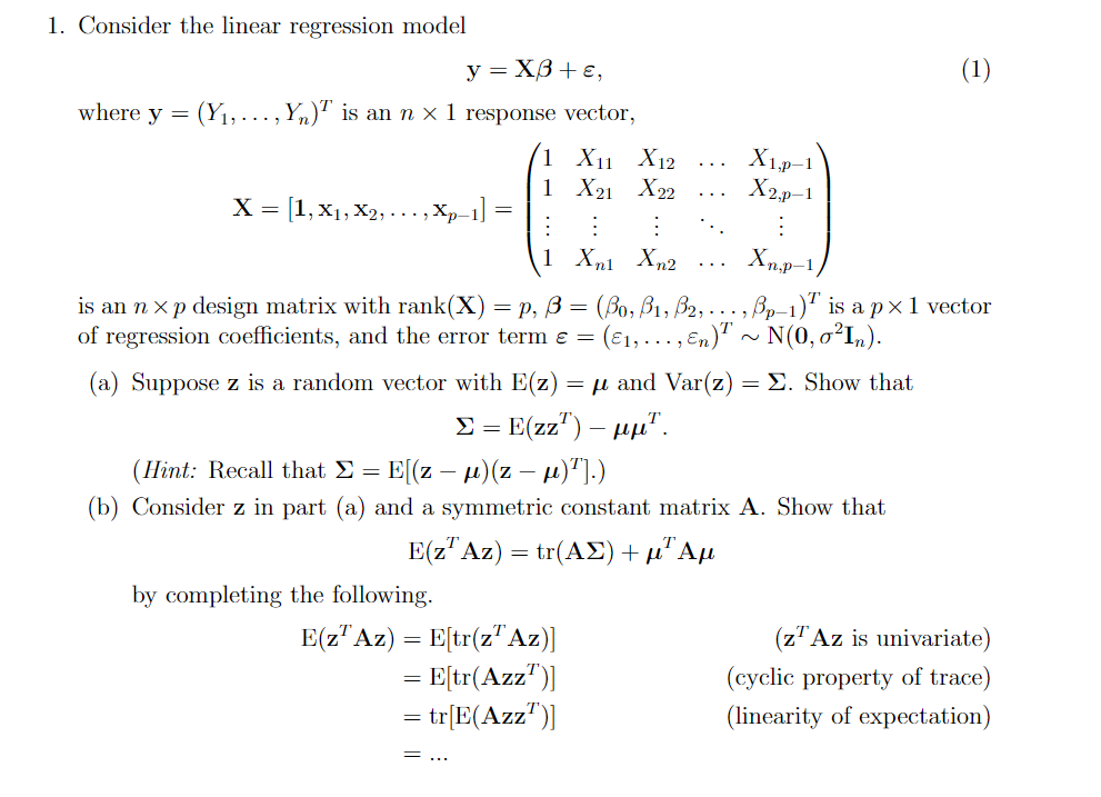 1. Consider the linear regression model y=Xβ+ε, where | Chegg.com