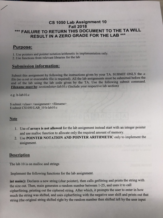 Solved CS 1050 Lab Assignment 10 Fall 2018 FAILURE TO RETURN | Chegg.com