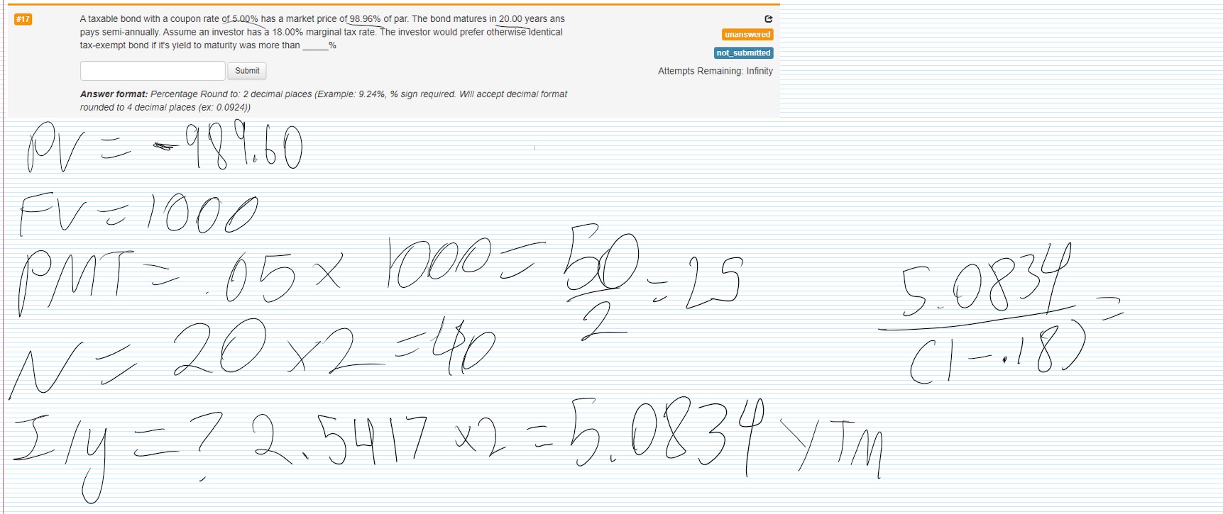 Solved =PV=-989.60PV=1000PMT=.05×1000=50=25N=20×2=40IV=2.541 | Chegg.com