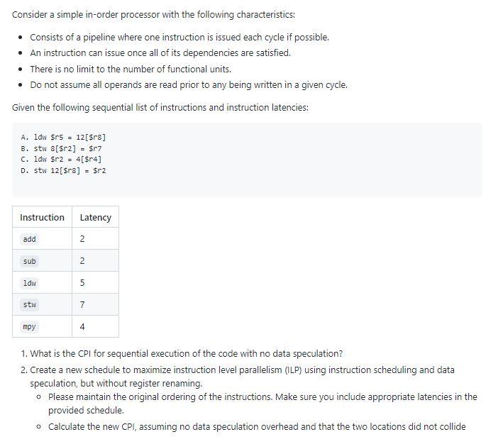 Solved Consider a simple in-order processor with the | Chegg.com