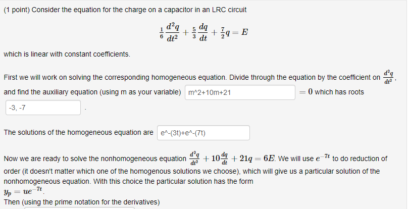 Solved (1 point) Consider the equation for the charge on a | Chegg.com