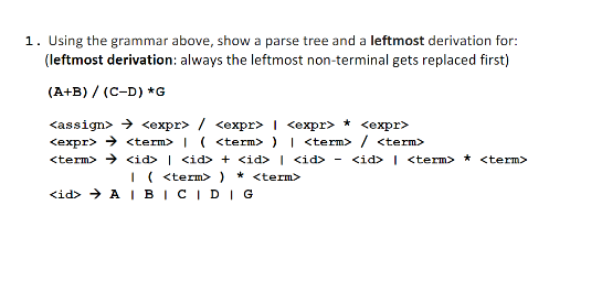 Solved 1. Using the grammar above, show a parse tree and a | Chegg.com