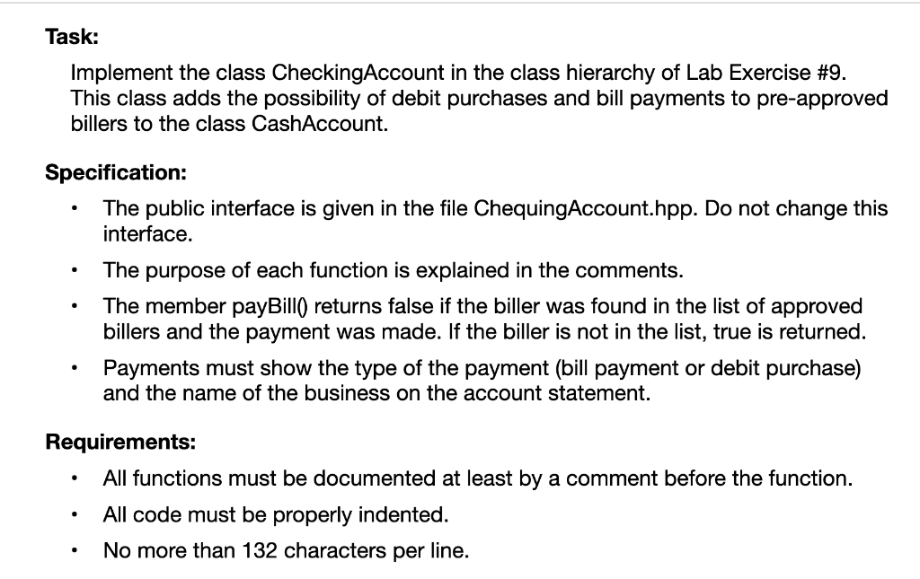 Solved COSC 2947 EL Lab Exercise #9 Bank Account Classes The | Chegg.com