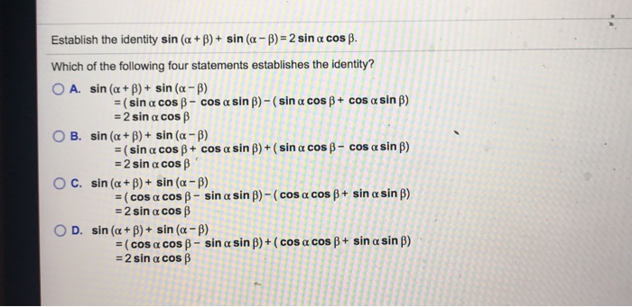Solved Establish the identity sin (? + ?) + sin (?-?)-2 sin | Chegg.com