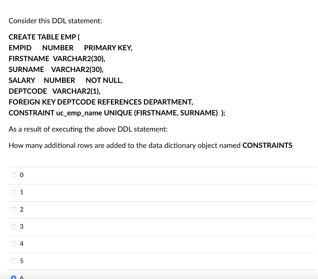 Solved Consider this DDL statement: CREATE TABLE EMP ( EMPID | Chegg.com