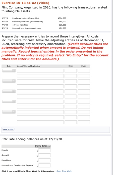 Solved Exercise 10-13 a1-a2 (Video) Flint Company, organized | Chegg.com