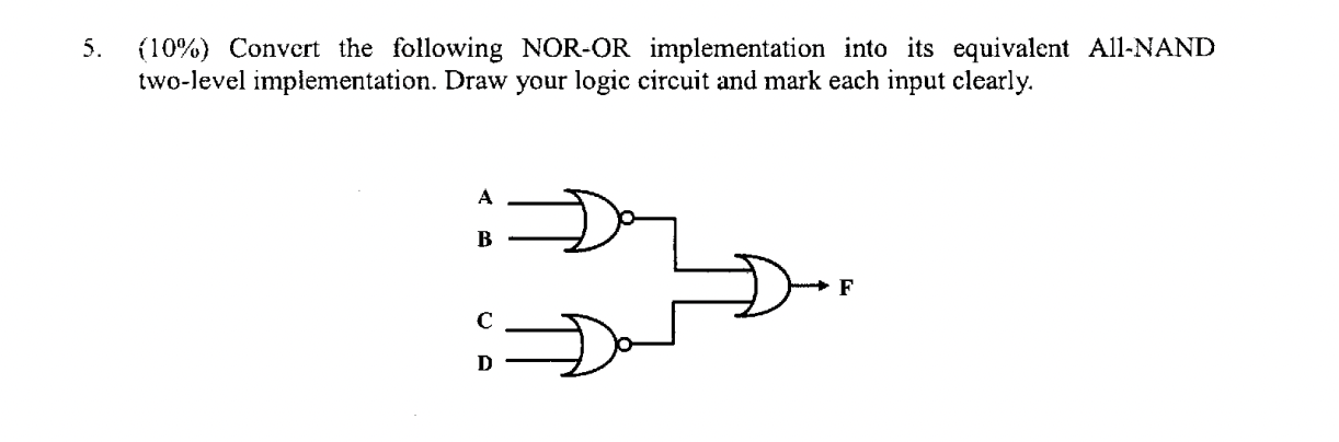 Solved 5. (10\%) Convert the following NOR-OR implementation | Chegg.com