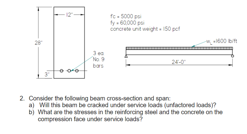 Solved fc 5000 psi fy 60,000 psi concrete unit weight 150 | Chegg.com