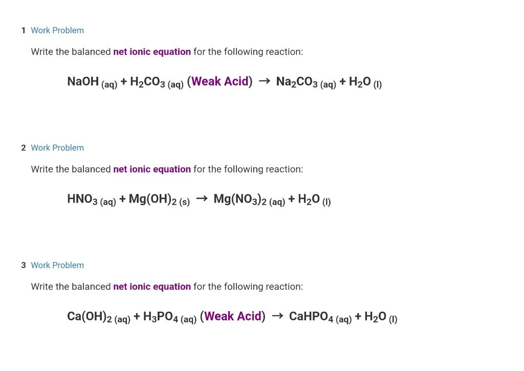 Solved 1 Work Problem Write the balanced net ionic equation | Chegg.com