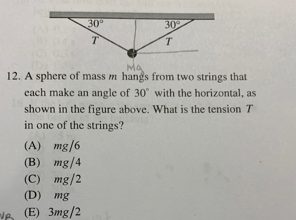 Solved 30° 30% 12. A sphere of mass m hangs from two strings | Chegg.com