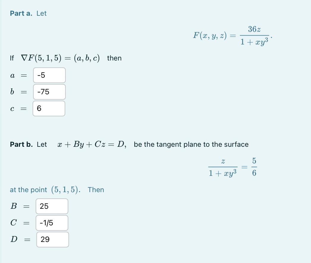 Solved Part a. Let F(x,y,z)=1+xy336z If ∇F(5,1,5)=(a,b,c) | Chegg.com