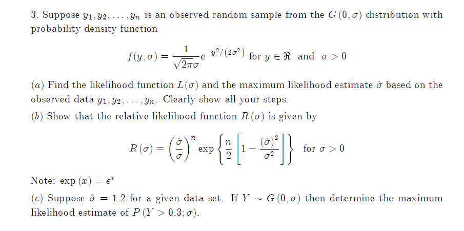 Solved 3. Suppose y1,y2,…,yn is an observed random sample | Chegg.com