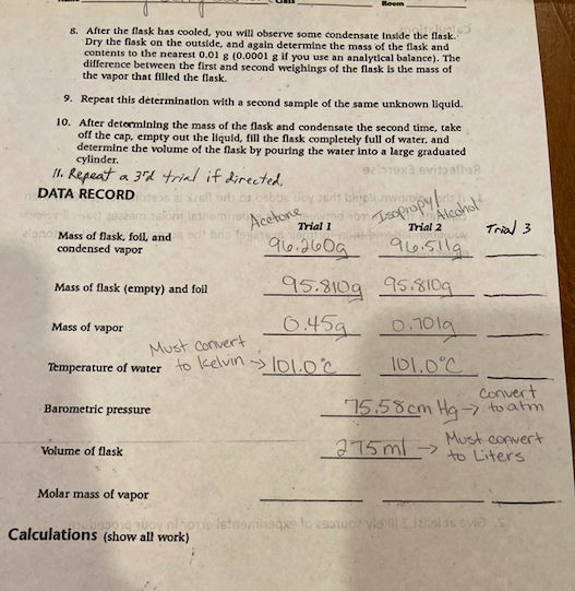 Solved Lab #la EXERCISE MOLAR MASS OF A VAPOR 10 2000.0) | Chegg.com