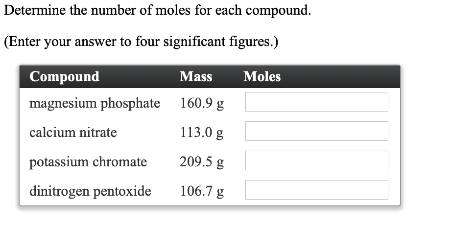 Solved Determine The Number Of Moles For Each Compound